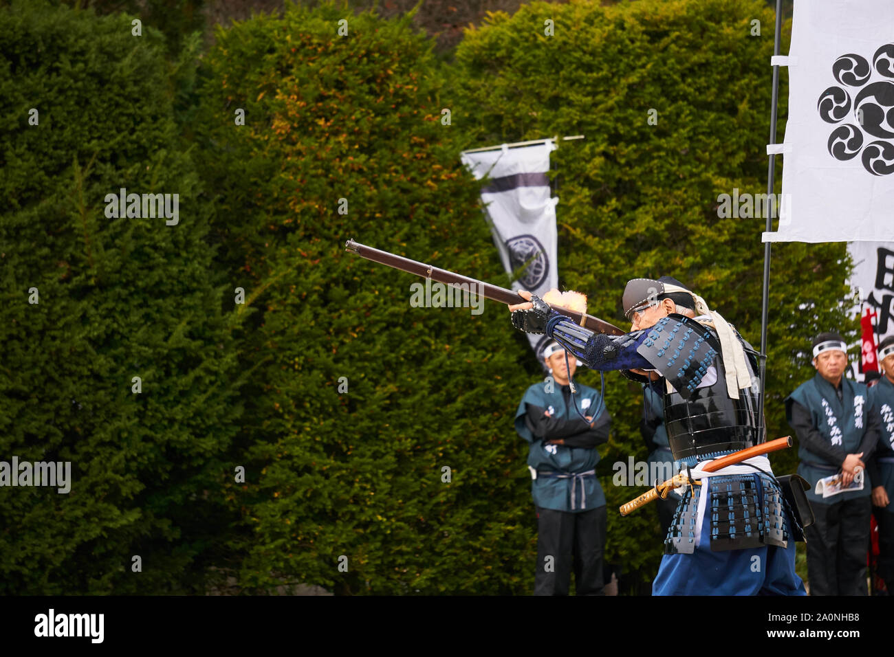 Japanese reenactors dressed in traditional samurai costume and armour ...