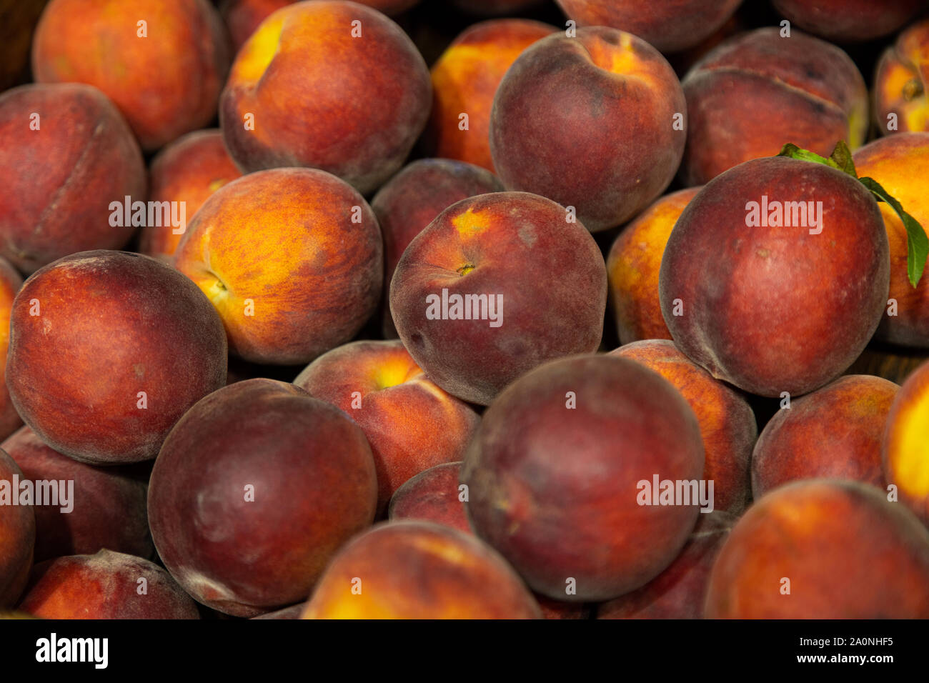 Close-up of ripe red-yellow peaches on supermarket counter. Photo with ...