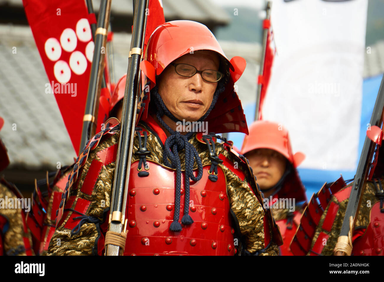 Japanese reenactors dressed in traditional samurai costume and armour ...