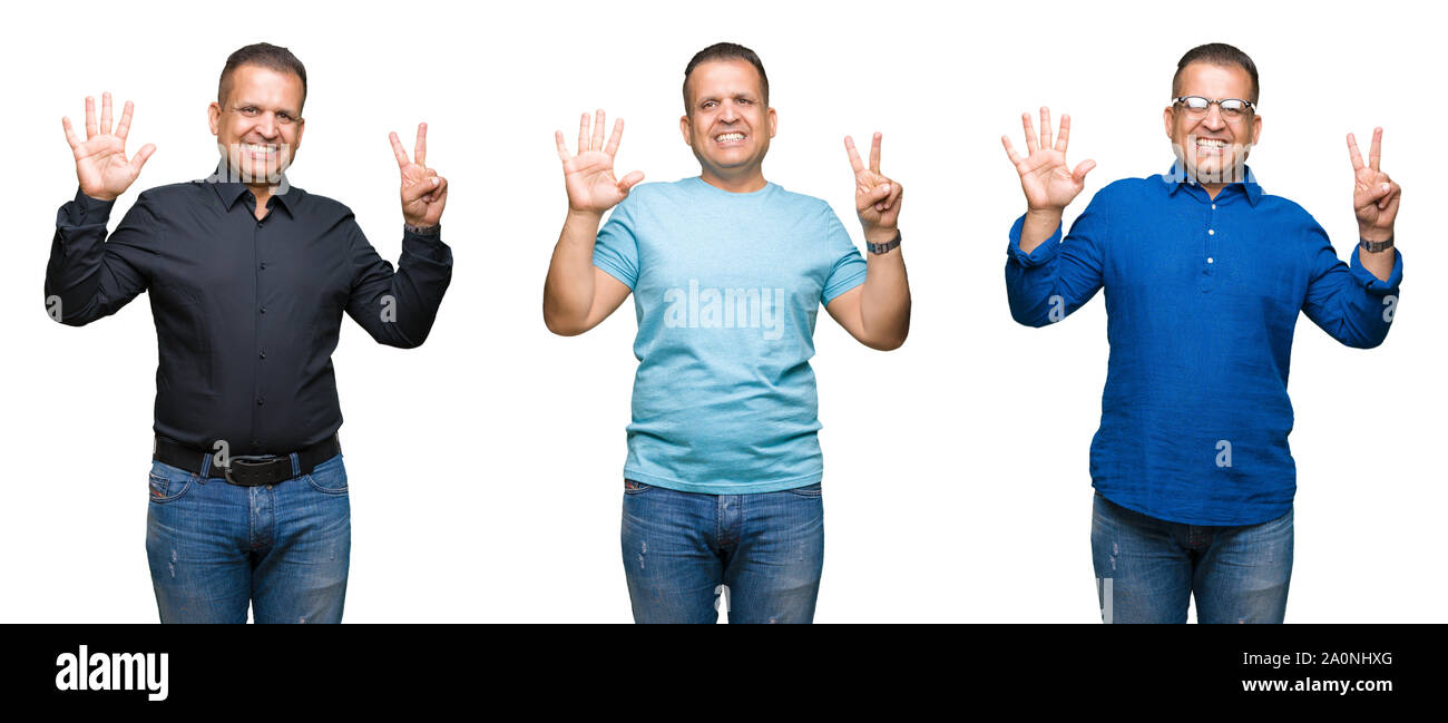 Composition of arab middle age man over isolated background showing and ...