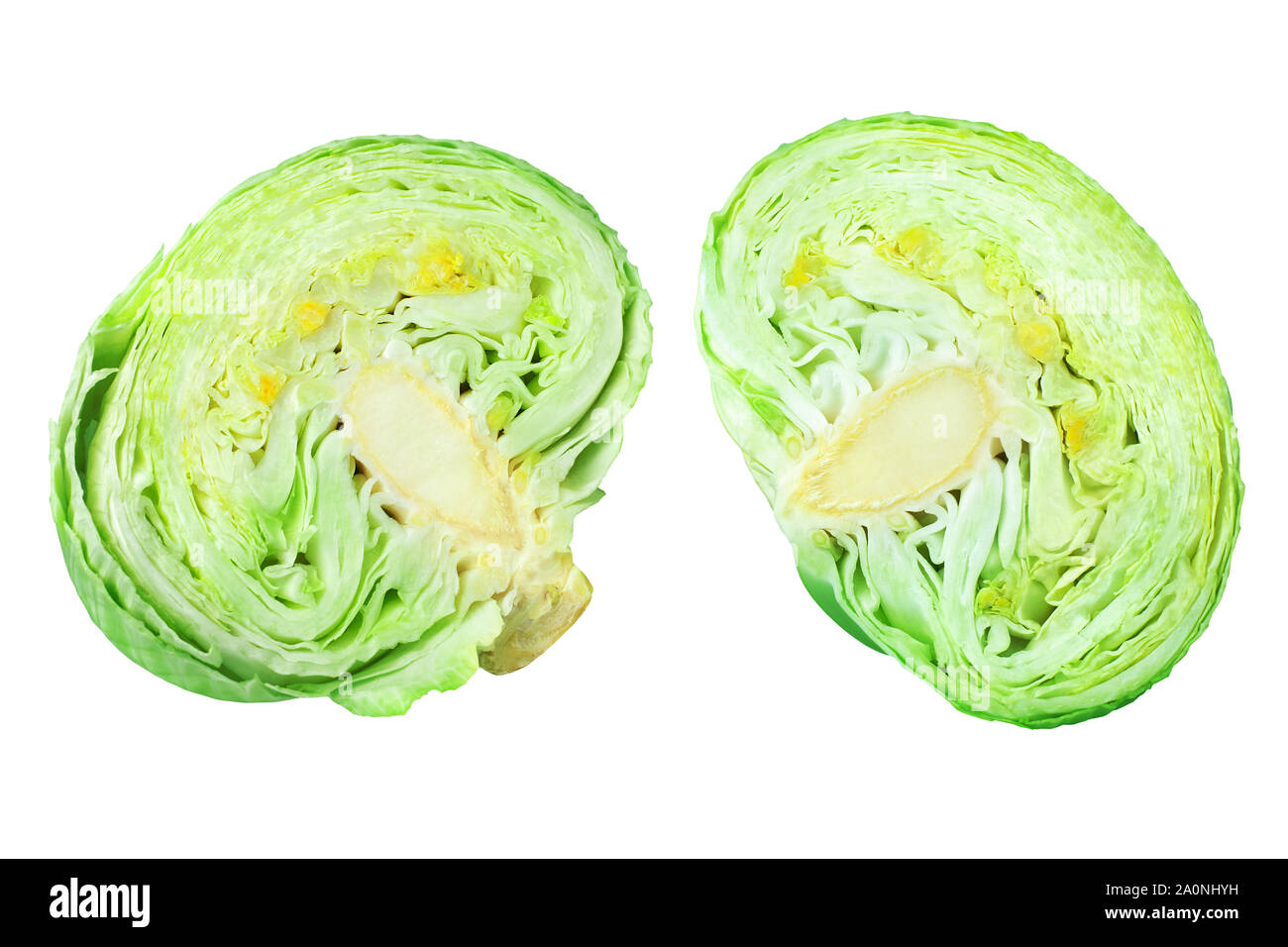 Two green leafy cabbage halves on white background isolated close up ...
