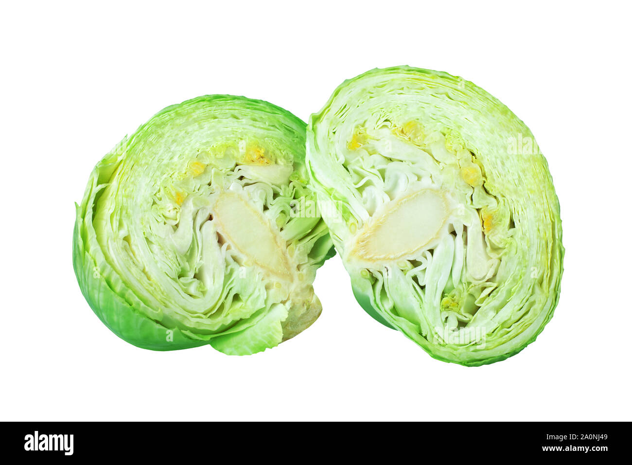 Two green leafy cabbage halves on white background isolated close up ...