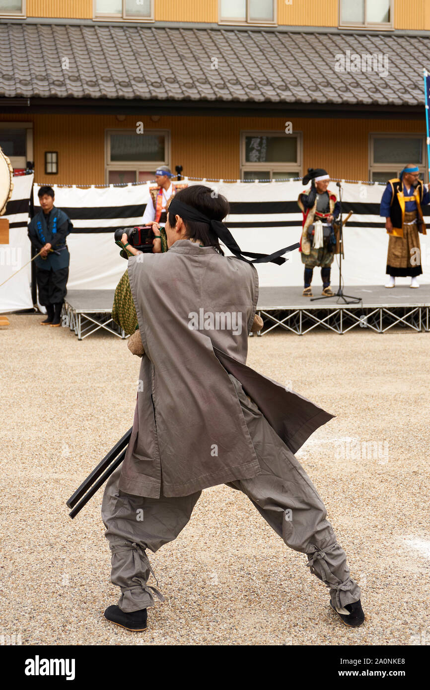 Japanese reenactor dressed in traditional samurai costume and armour ...