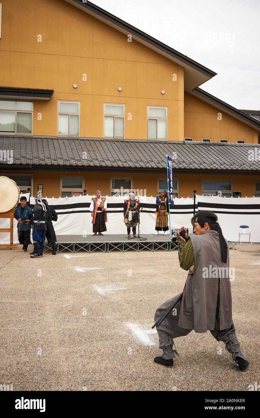 Japanese reenactor dressed in traditional samurai costume and armour ...