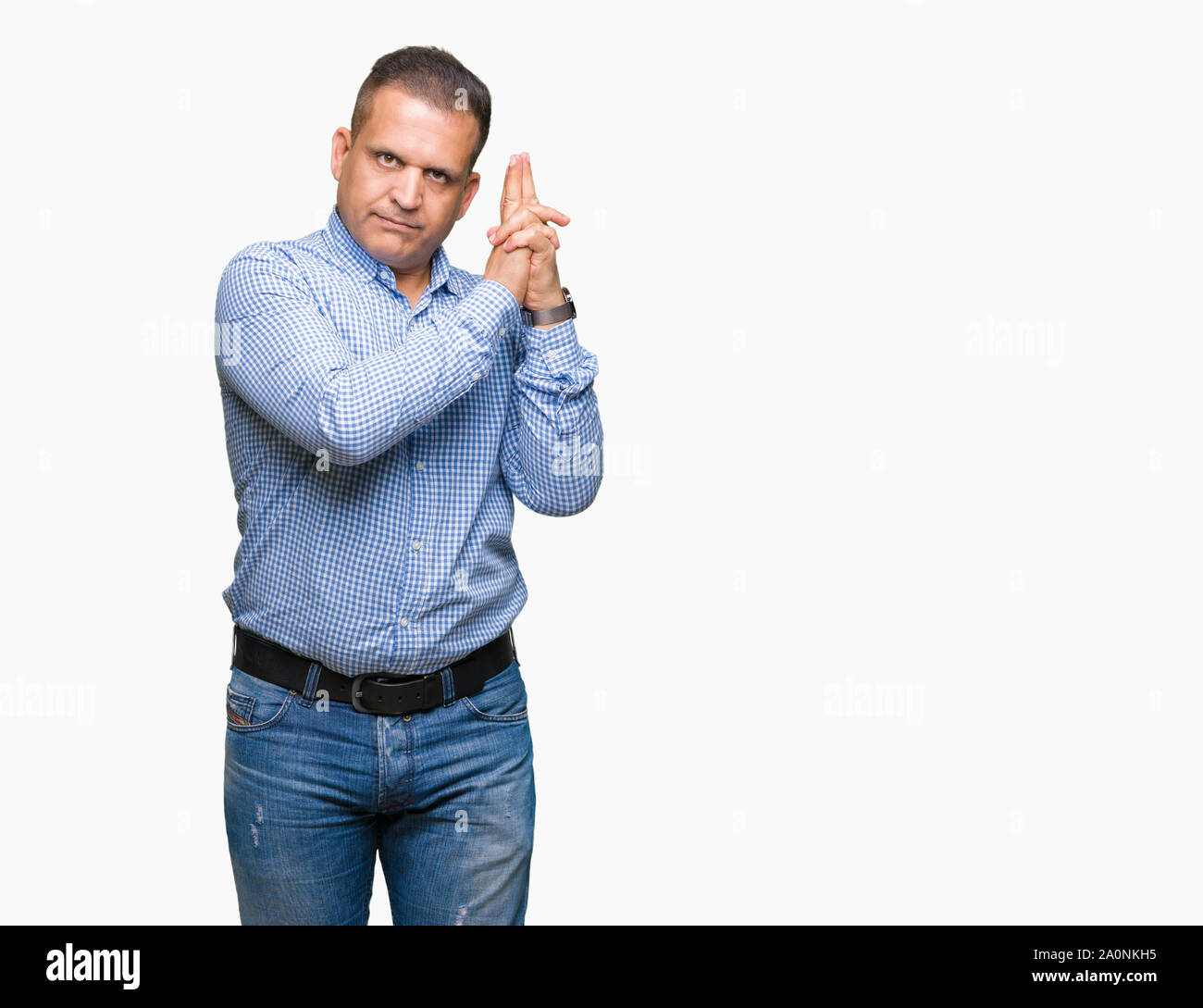 Middle age arab business man over isolated background Holding symbolic ...
