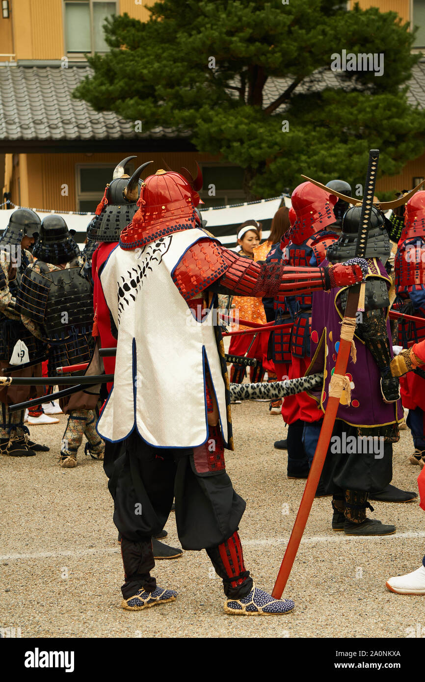 Japanese reenactors dressed in traditional samurai costume and armour ...