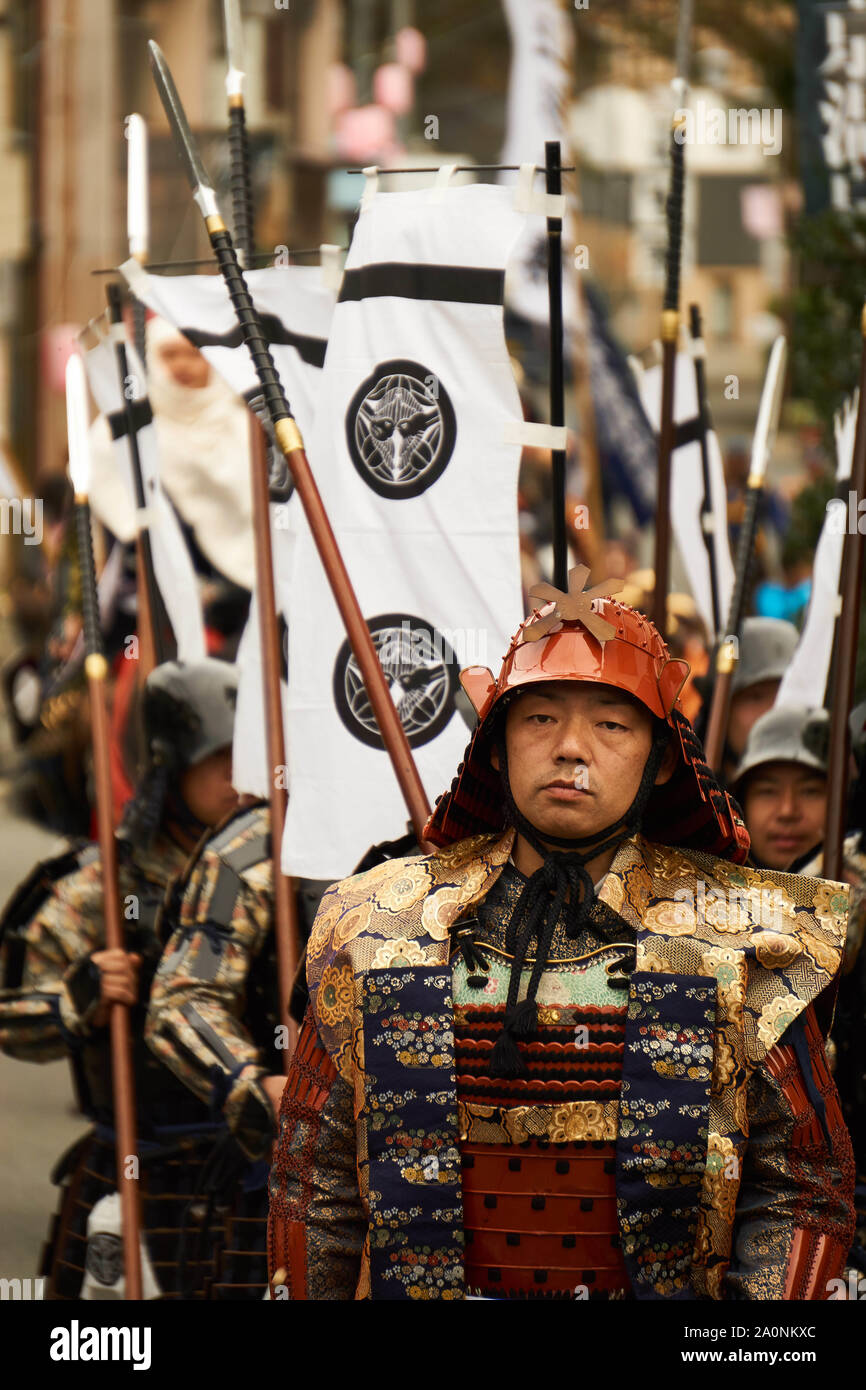 Japanese reenactors dressed in traditional samurai costume and armour ...