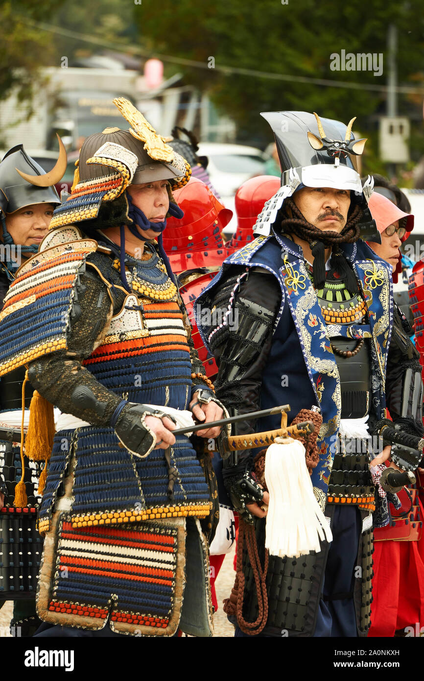 Japanese reenactors dressed in traditional samurai costume and armour ...