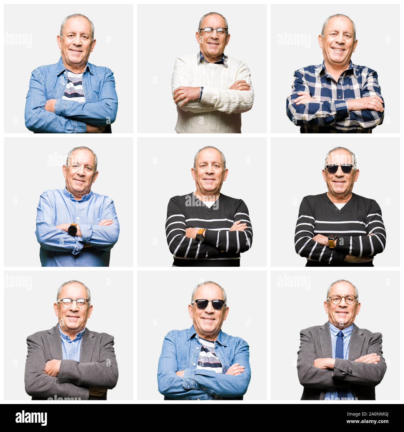 Collage of handsome senior man over white isolated background happy ...