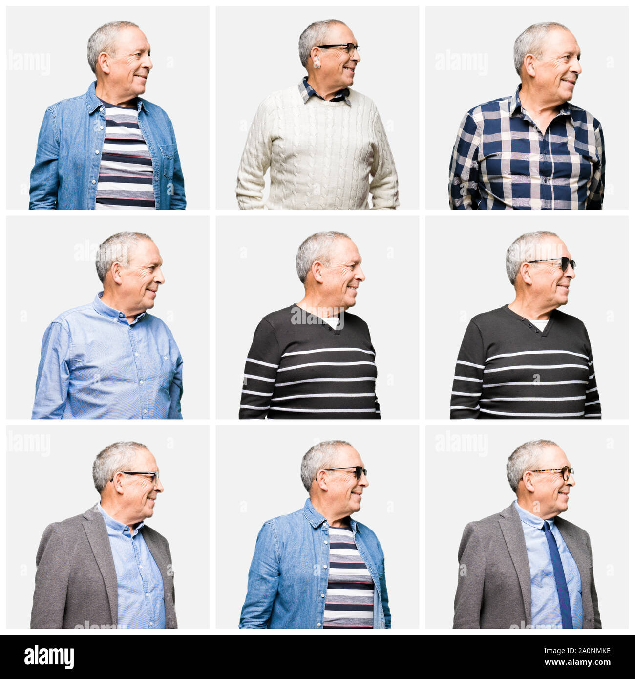 Collage of handsome senior man over white isolated background looking ...