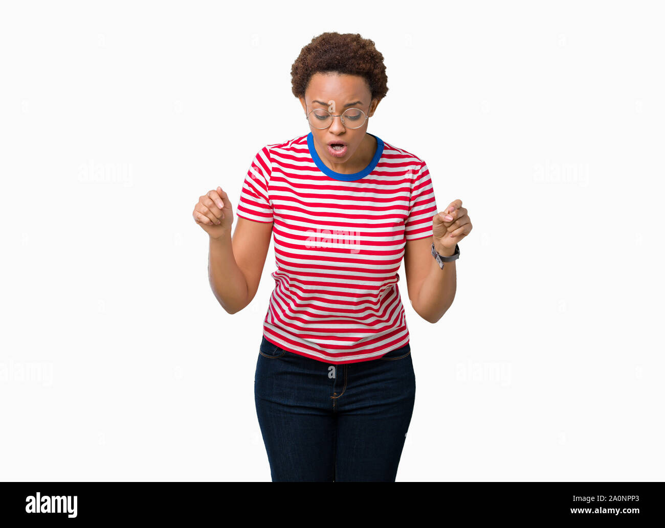 Beautiful young african american woman wearing glasses over isolated ...
