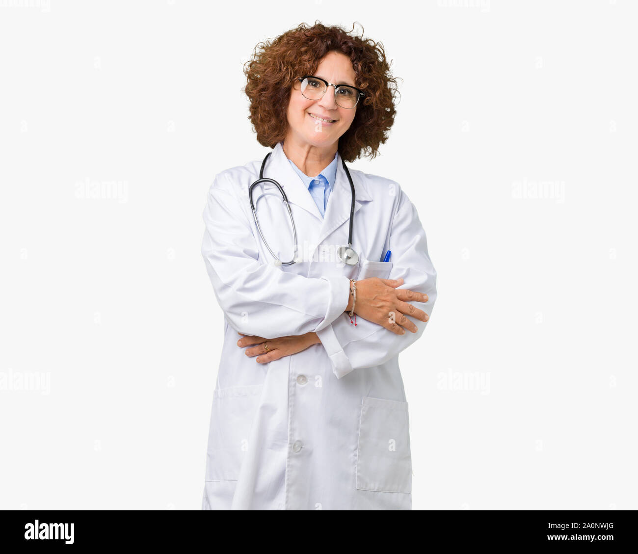 Middle ager senior doctor woman over isolated background happy face ...