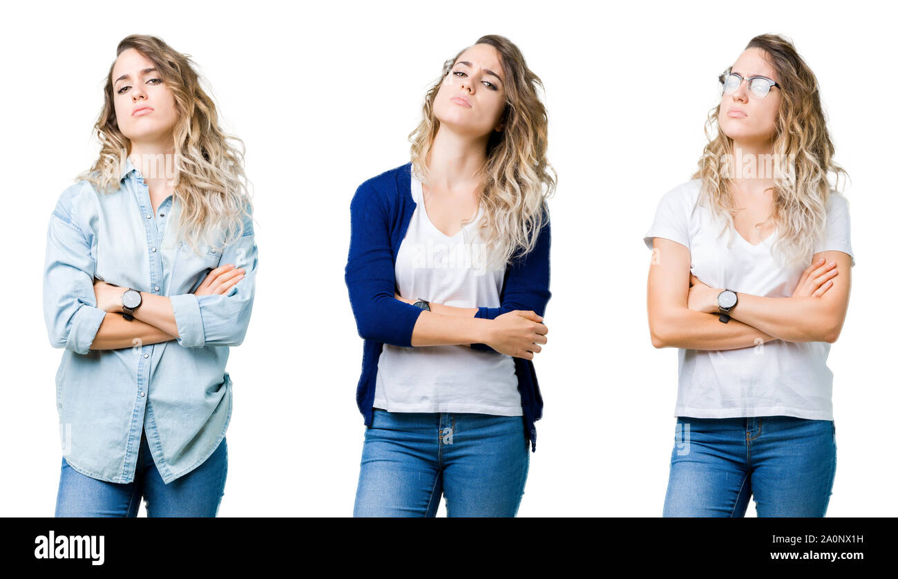 Collage of young beautiful blonde girl over isolated background skeptic ...