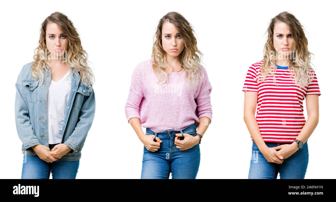 Collage of young beautiful blonde girl over isolated background ...