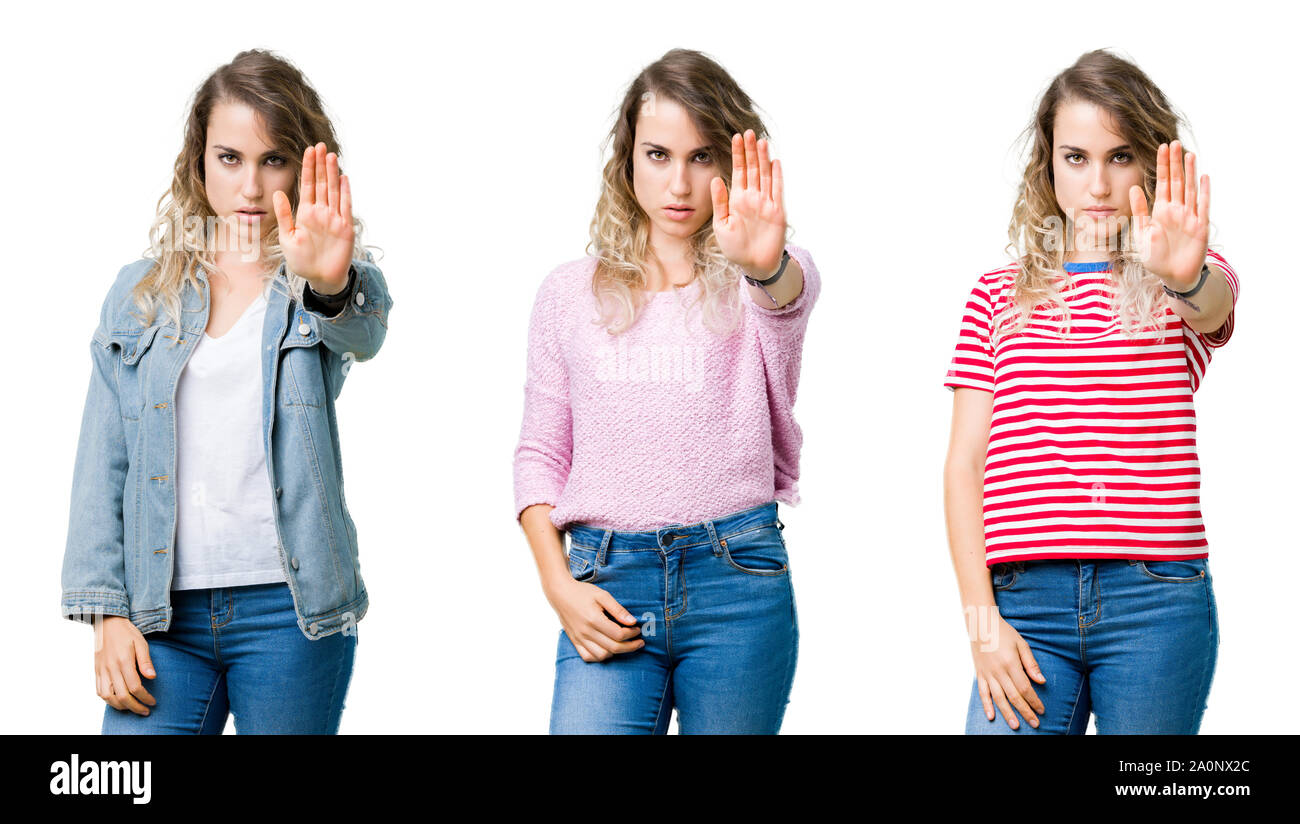 Collage of young beautiful blonde girl over isolated background doing ...