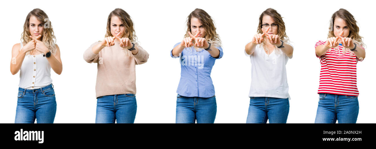 Collage of young beautiful blonde girl over isolated background ...