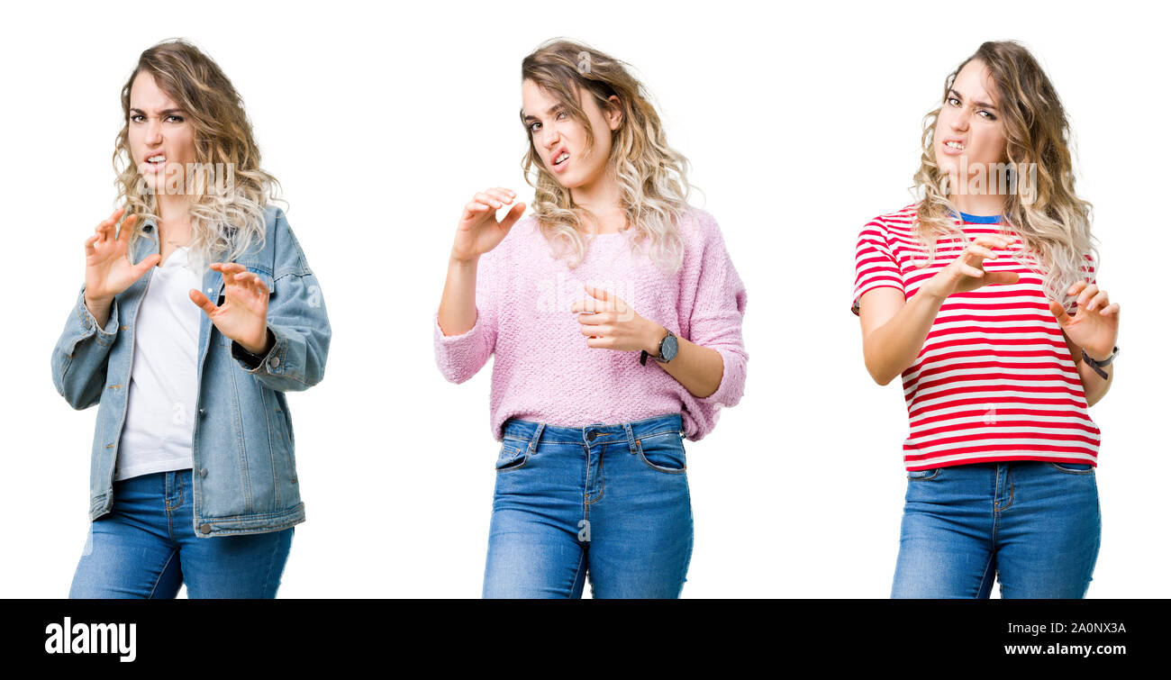Collage of young beautiful blonde girl over isolated background ...