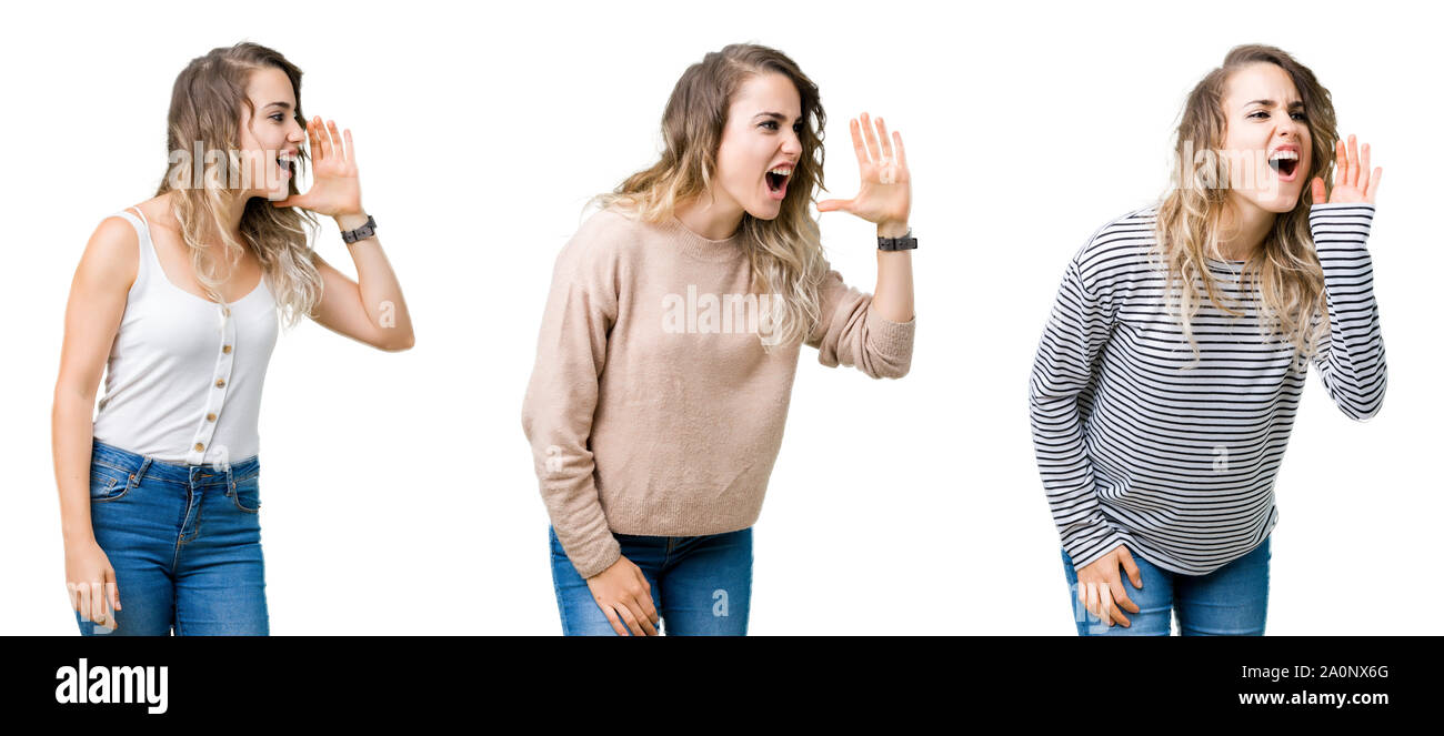 Collage of young beautiful blonde girl over isolated background ...