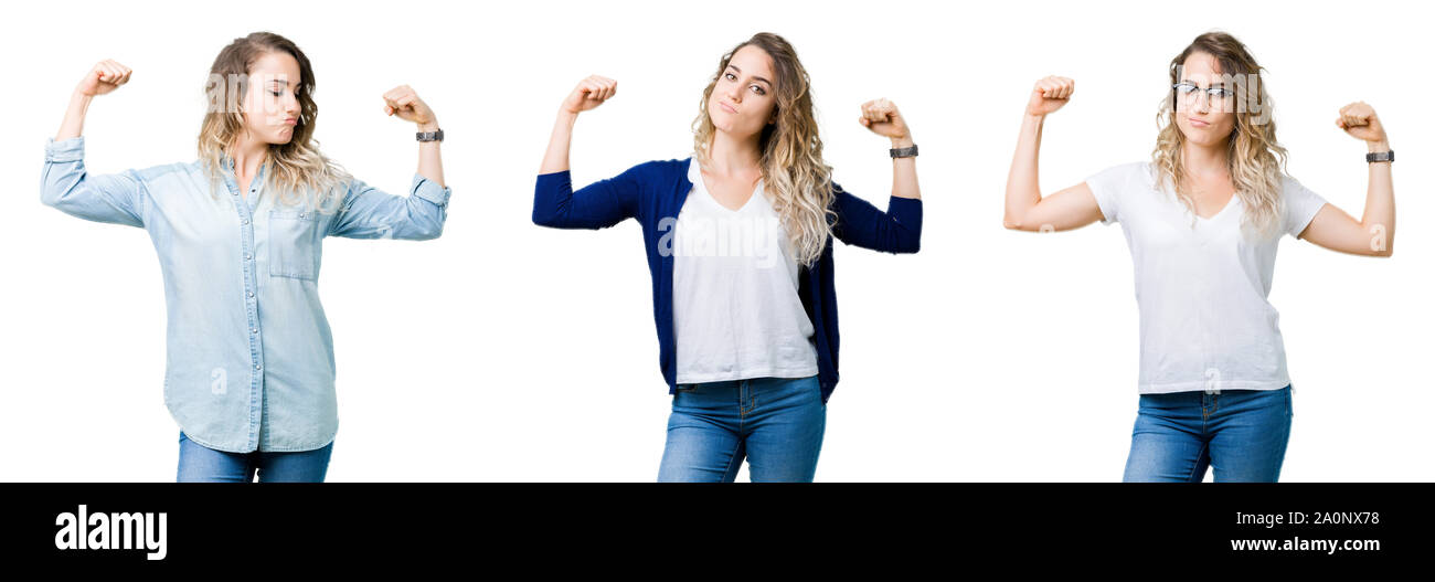 Collage of young beautiful blonde girl over isolated background showing ...