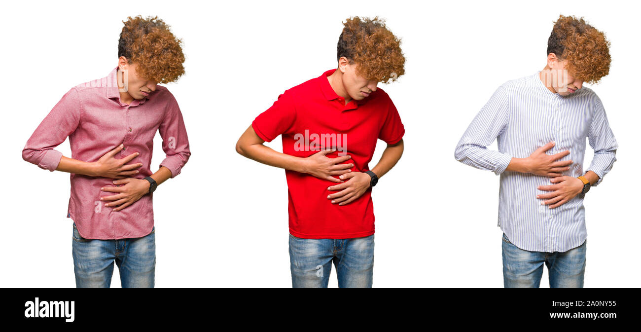 Collage of young bussines man with curly hair over isolated white ...