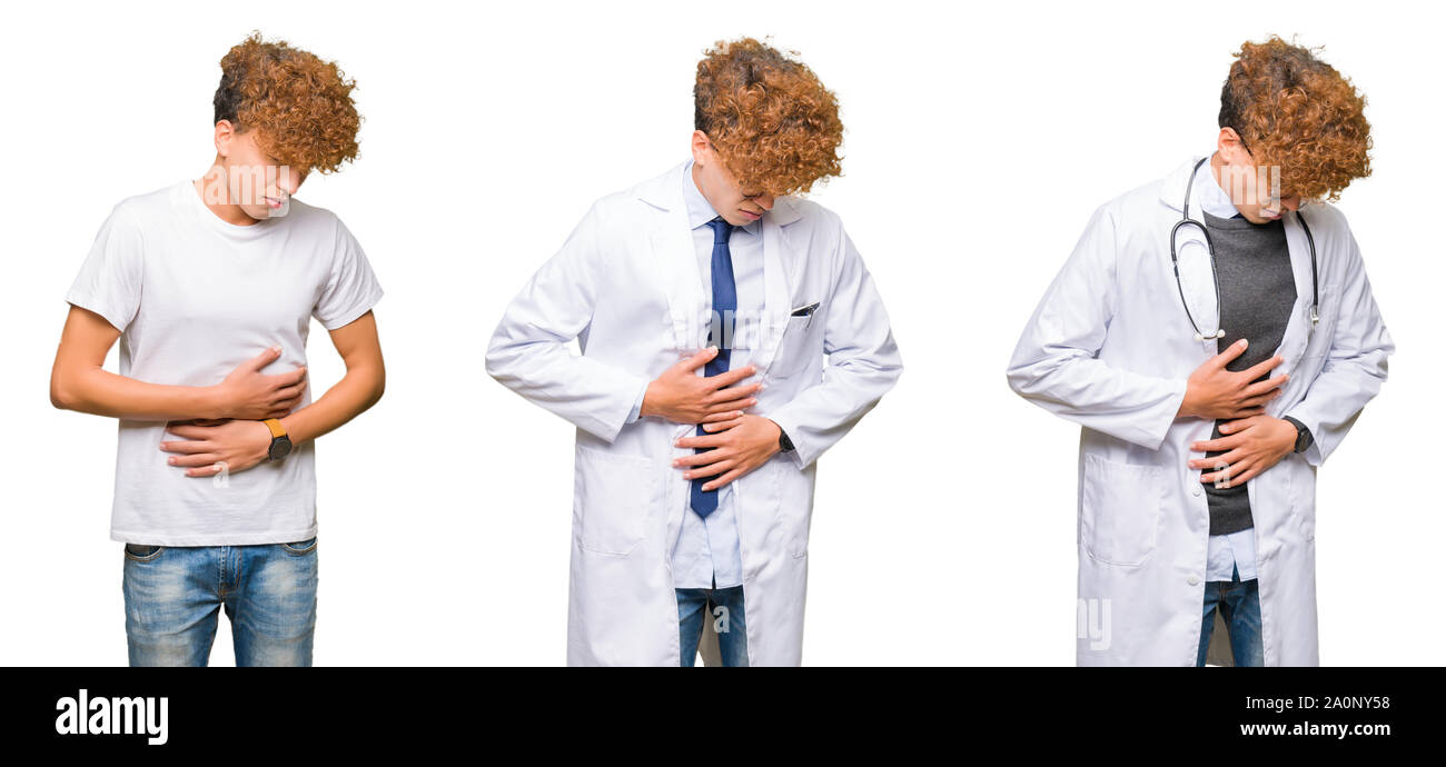 Collage of young doctor man wearing medical coat over isolated white ...