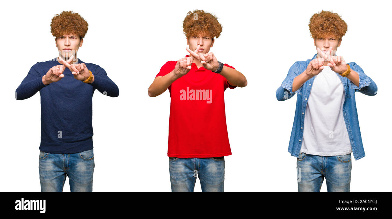 Collage of young man wearing different looks over isolated white ...