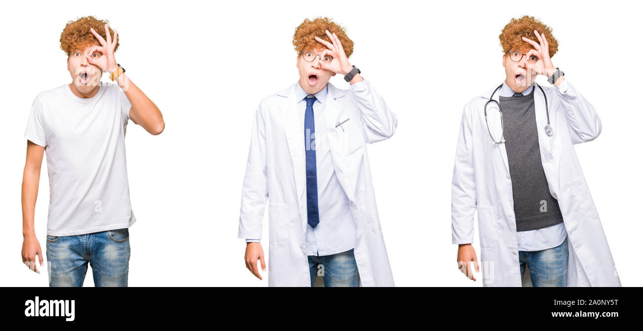 Collage of young doctor man wearing medical coat over isolated white ...