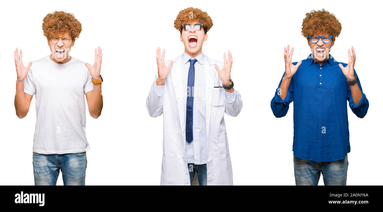 Collage of young man wearing different looks and glasses over isolated ...