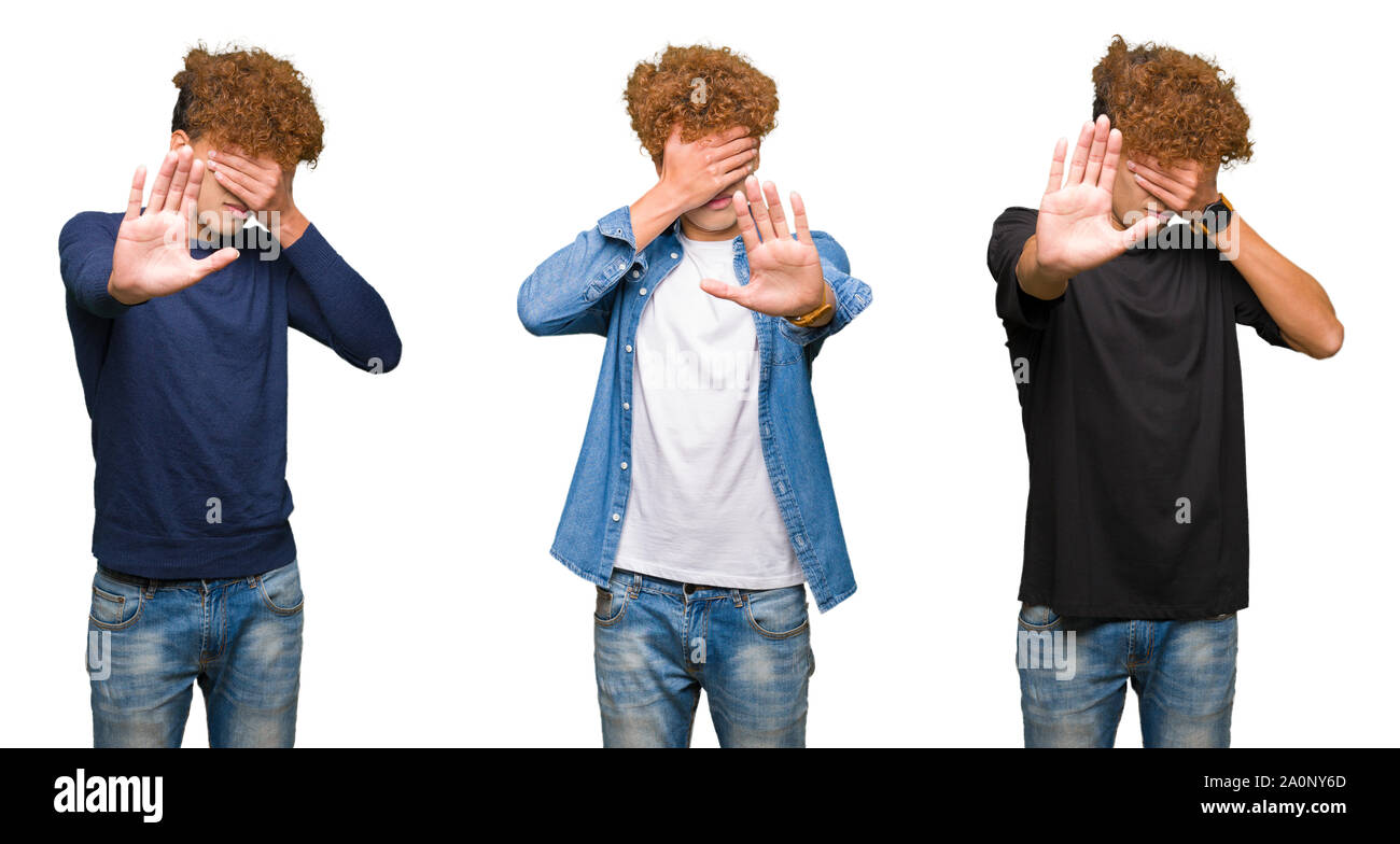 Collage of young men with curly hair over isolated white background ...