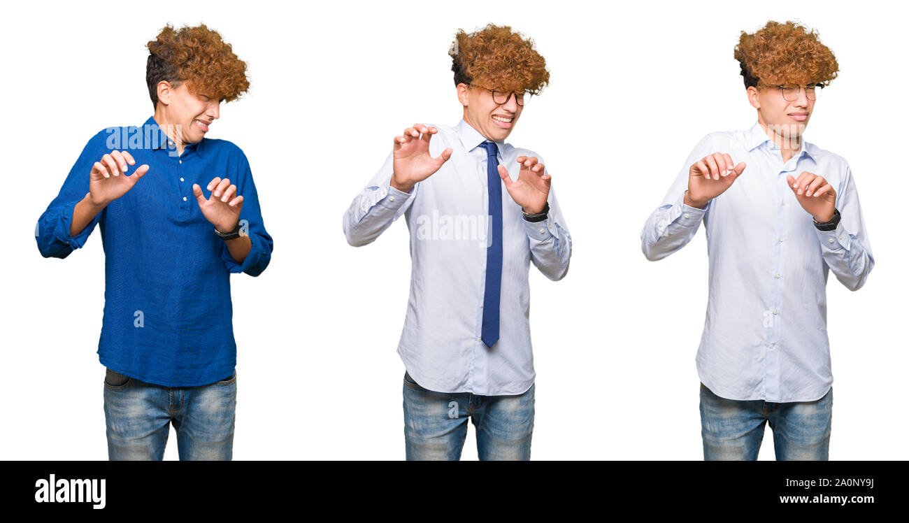 Collage of young bussines man with curly hair wearing glasses over ...