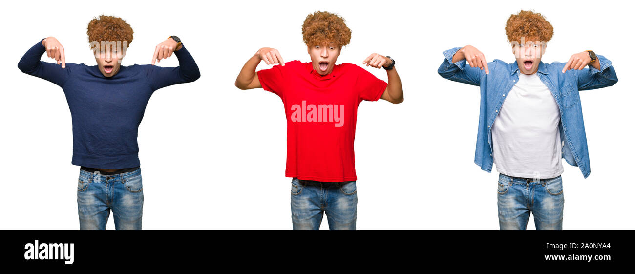 Collage of young man wearing different looks over isolated white ...