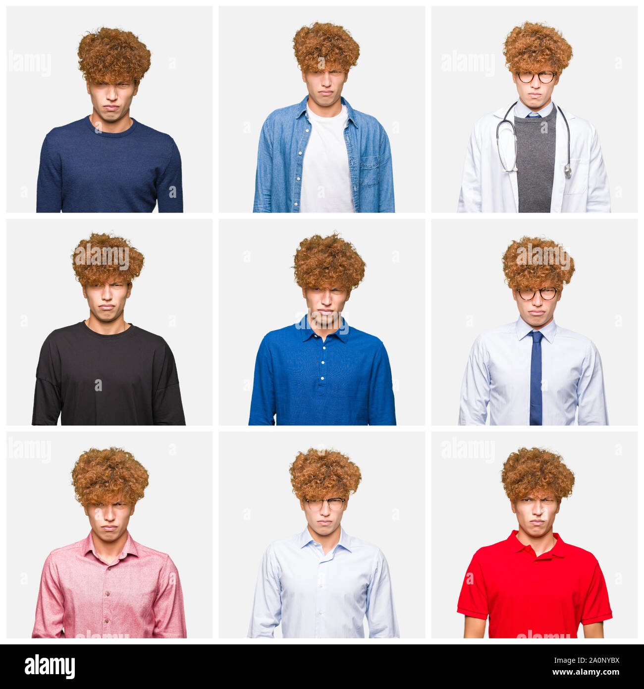 Collage of young man wearing different looks over isolated white ...