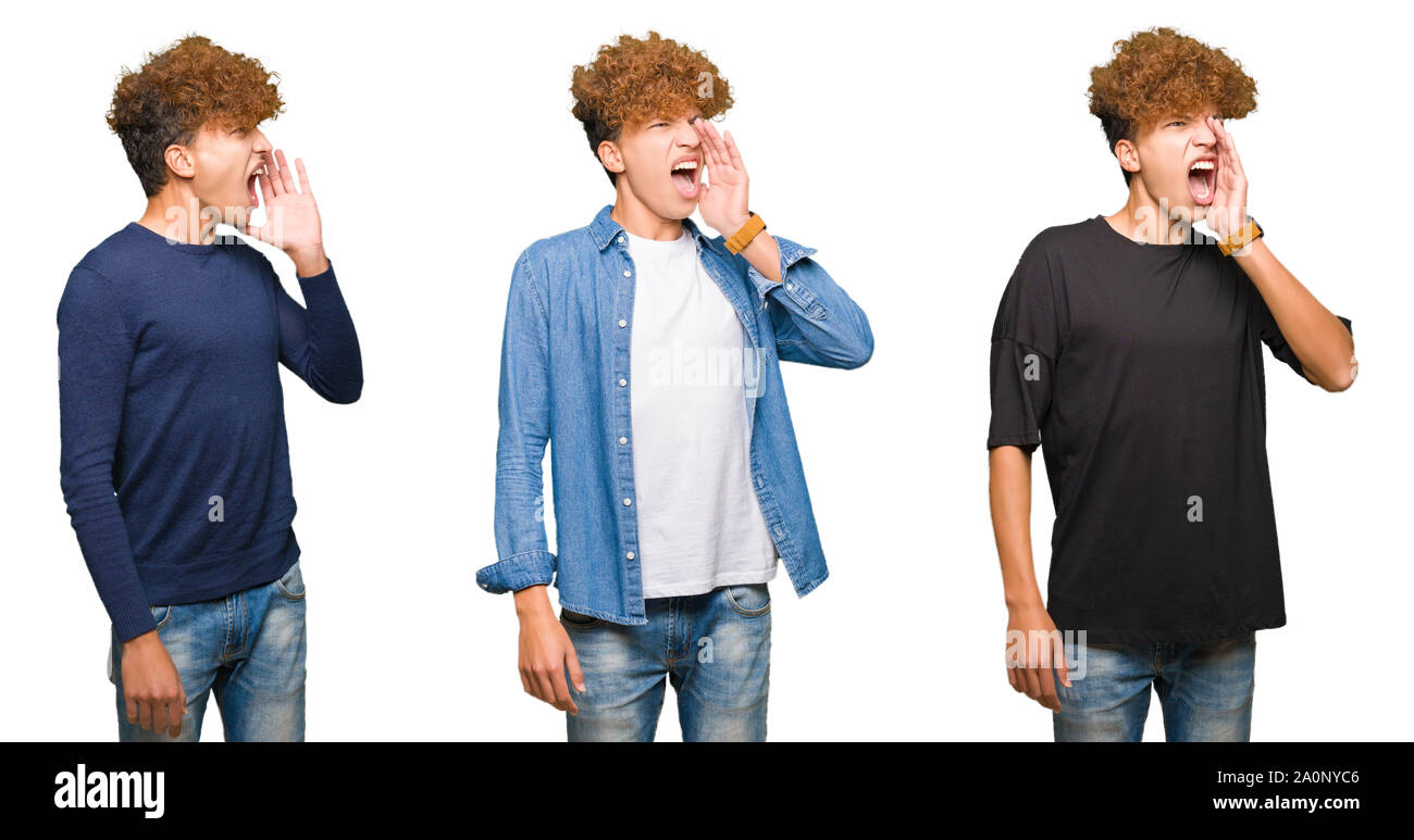Collage of young men with curly hair over isolated white background ...