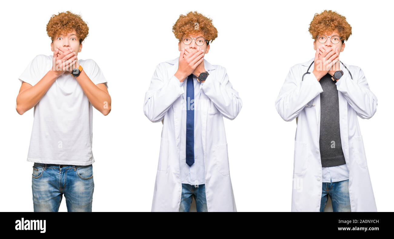 Collage of young doctor man wearing medical coat over isolated white ...