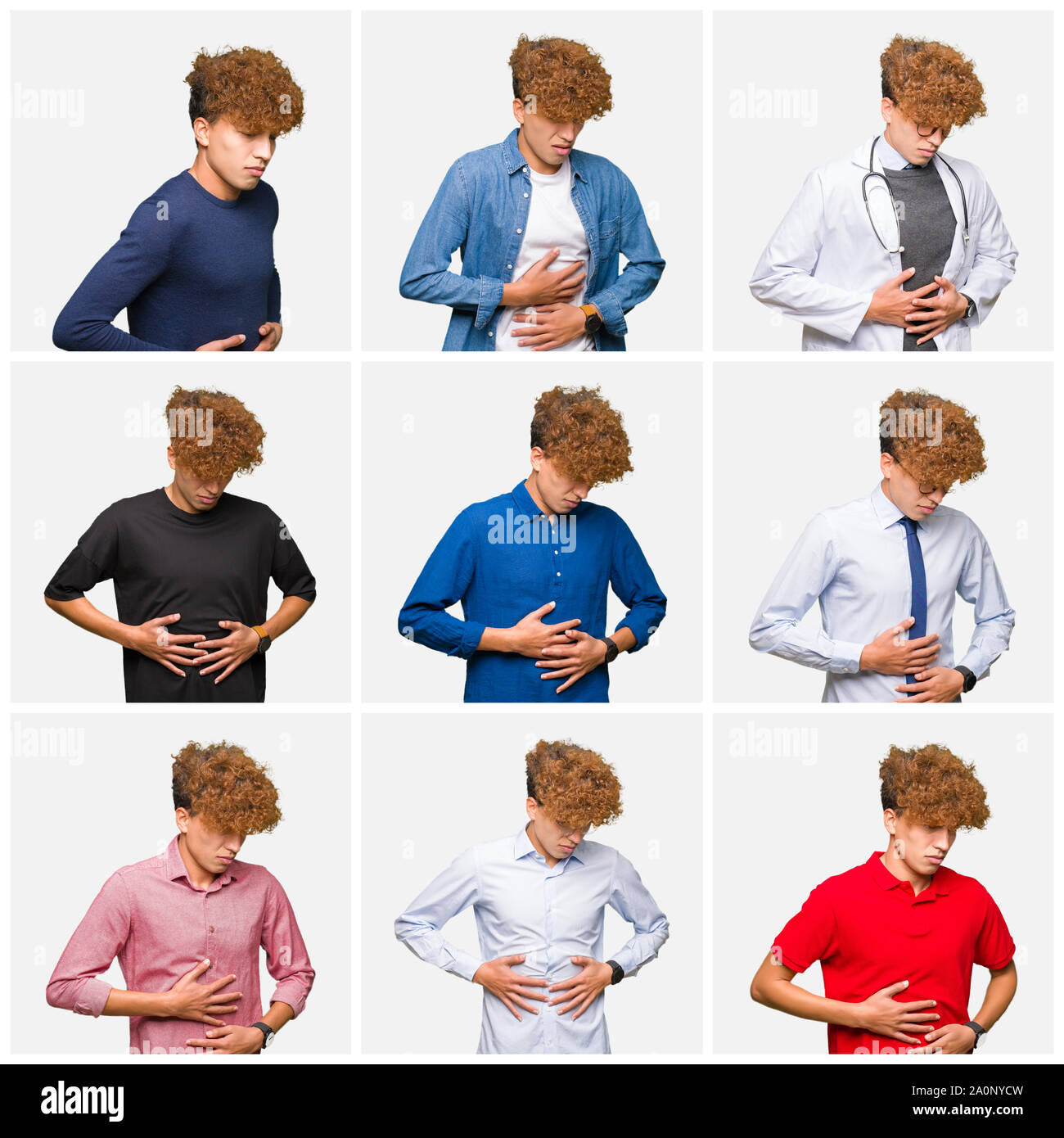 Collage of young man wearing different looks over isolated white ...