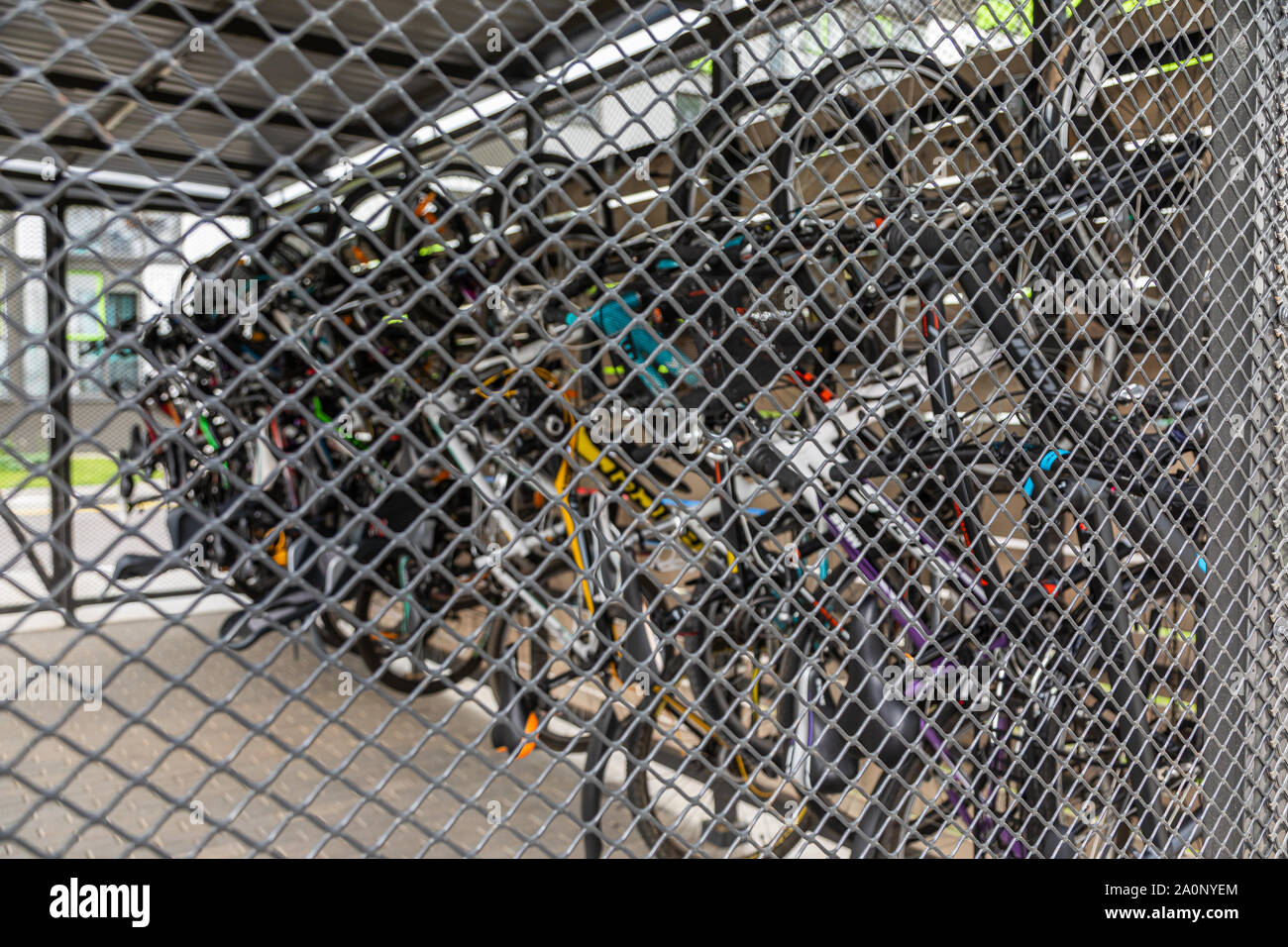 Locked metal lattice cell for keeping bicycles in dormitory district ...