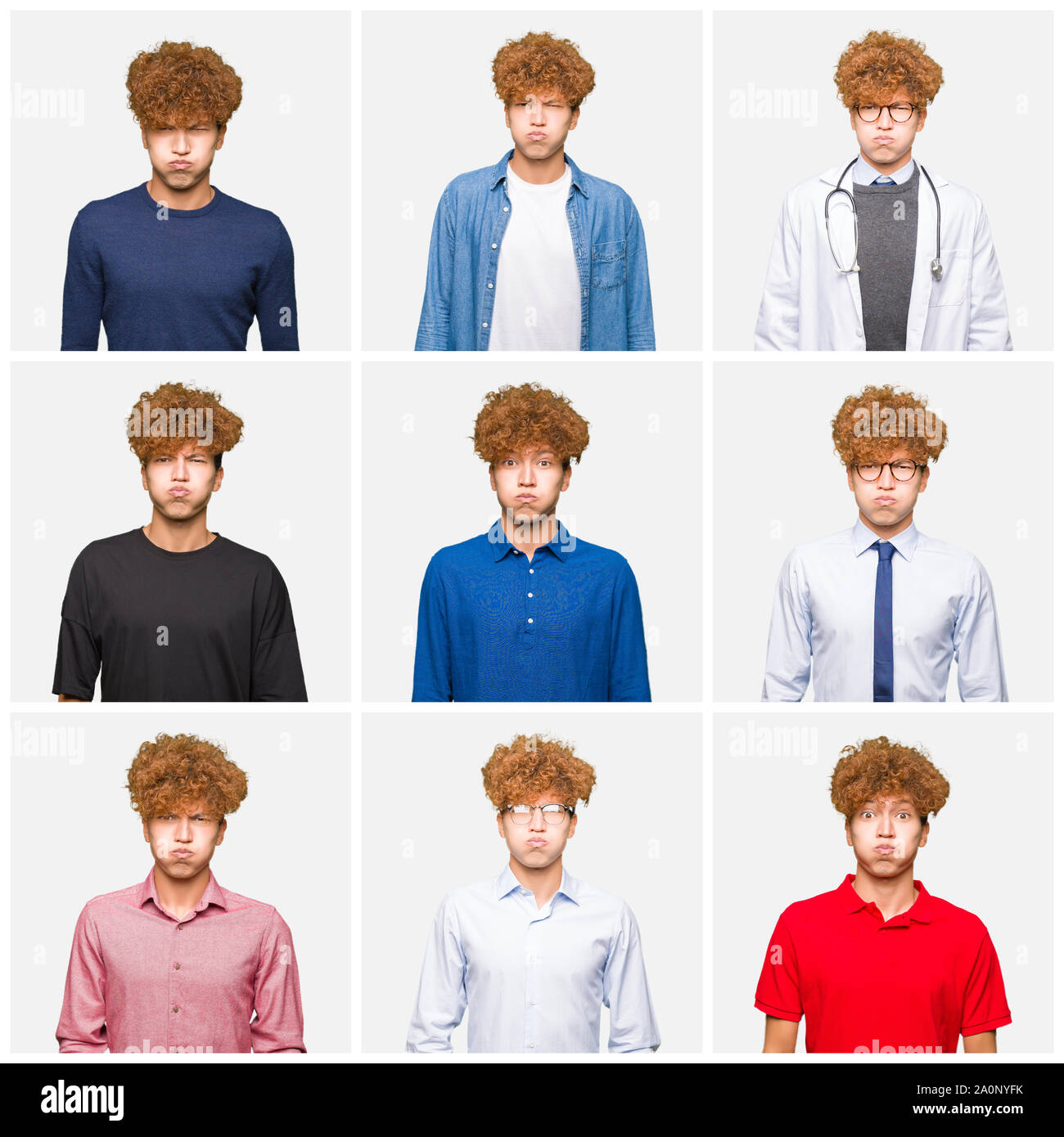 Collage of young man wearing different looks over isolated white ...