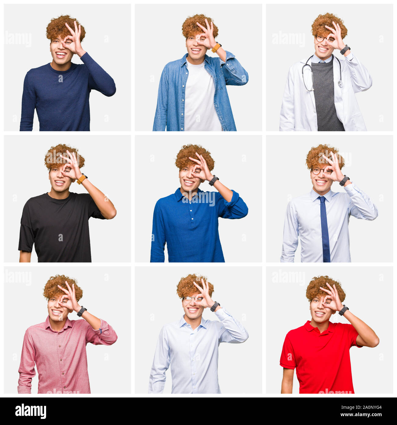 Collage of young man wearing different looks over isolated white ...