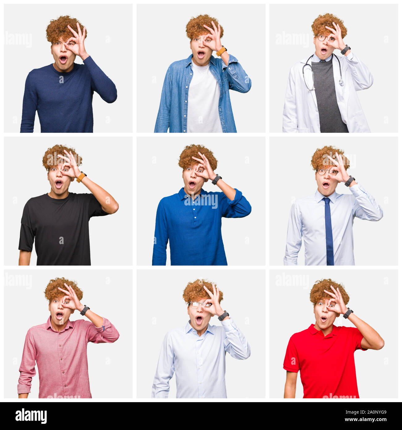 Collage of young man wearing different looks over isolated white ...