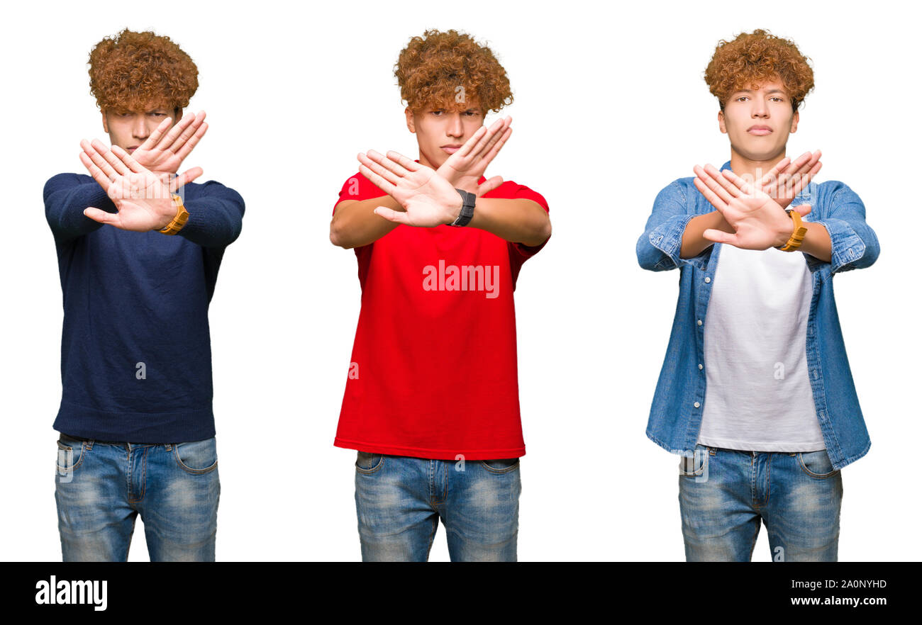 Collage of young man wearing different looks over isolated white ...