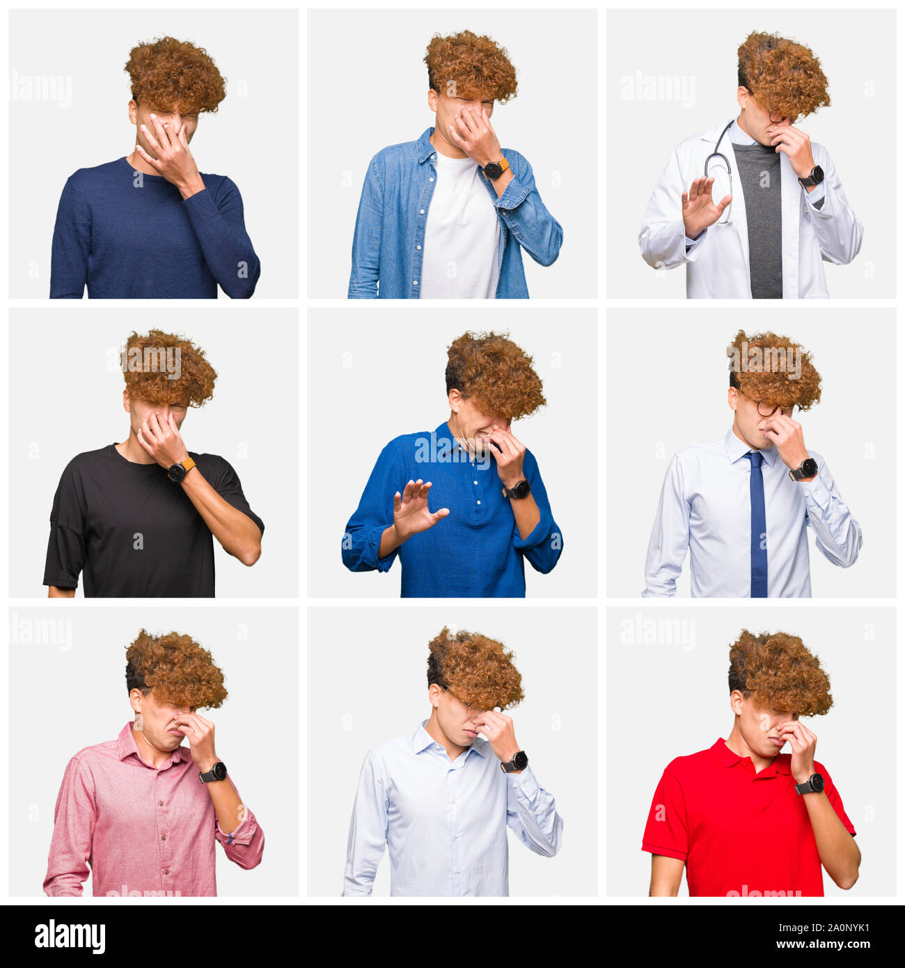 Collage of young man wearing different looks over isolated white ...