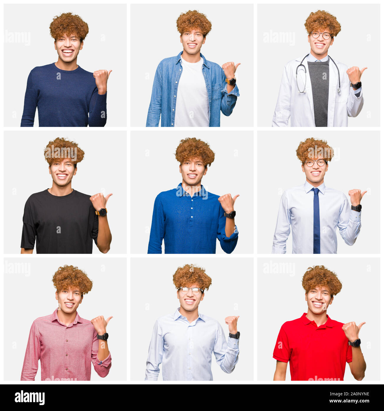 Collage of young man wearing different looks over isolated white ...