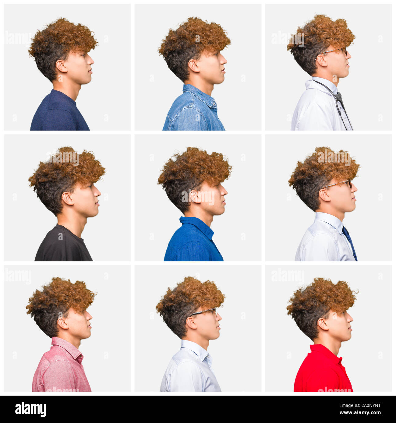 Collage of young man wearing different looks over isolated white ...