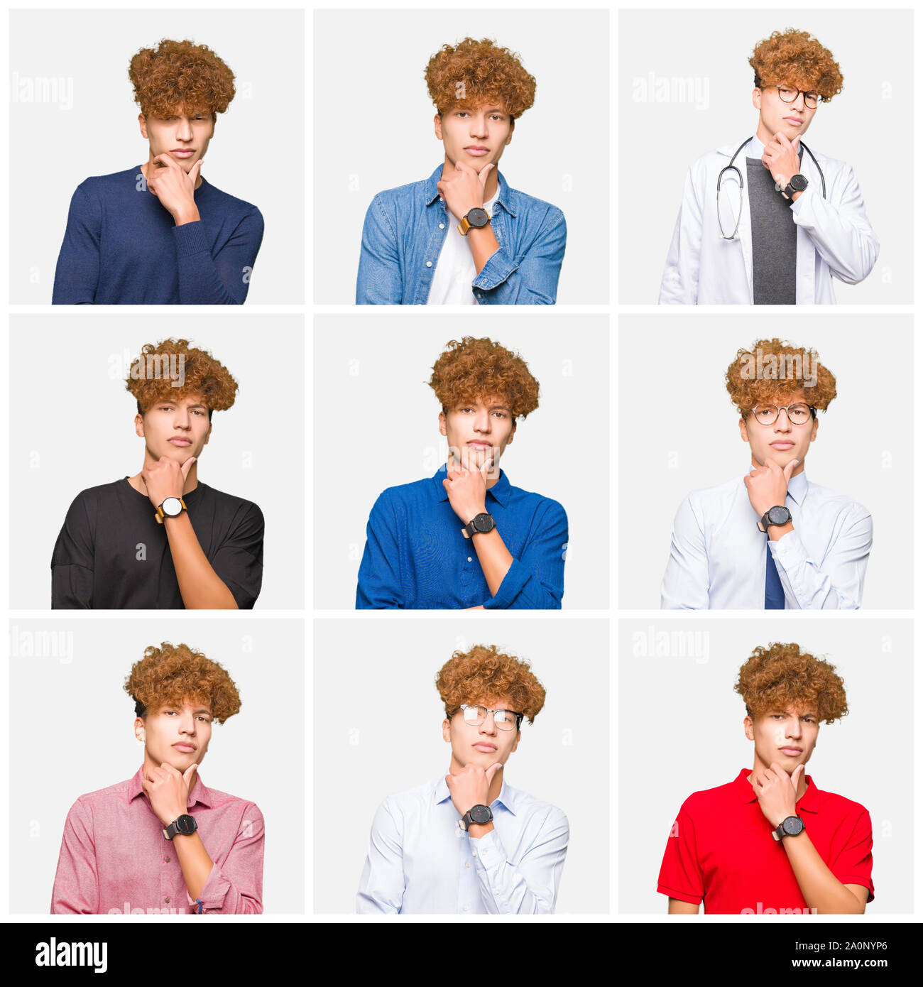 Collage of young man wearing different looks over isolated white ...