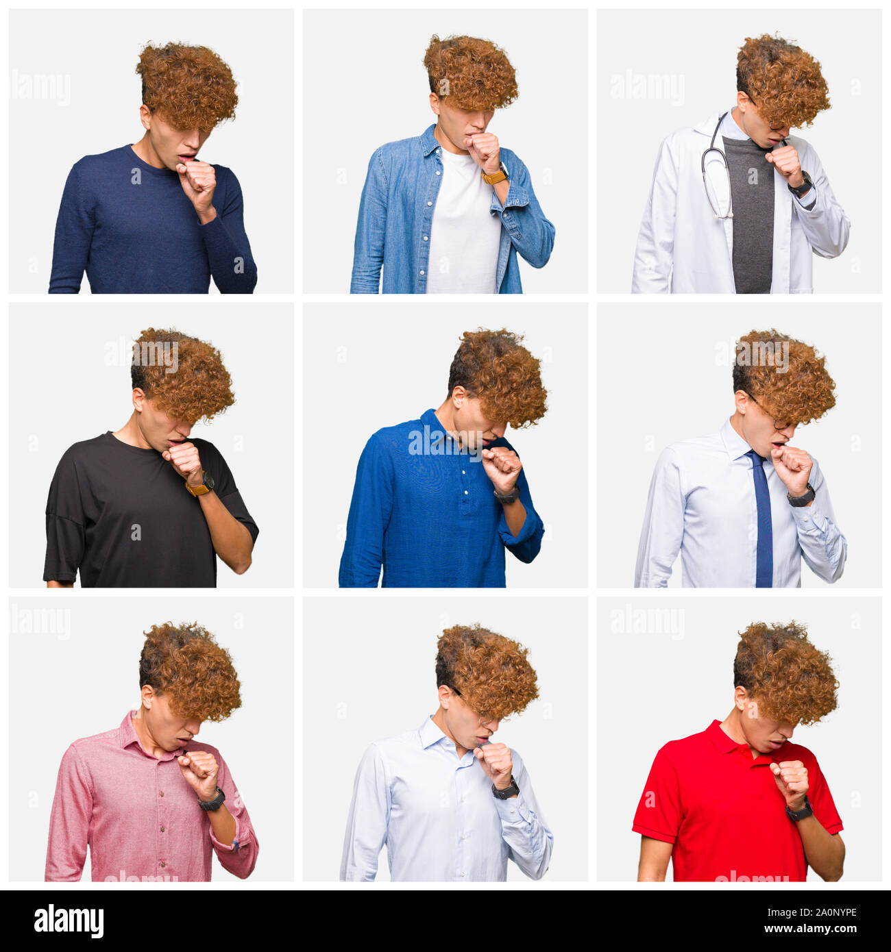 Collage of young man wearing different looks over isolated white ...