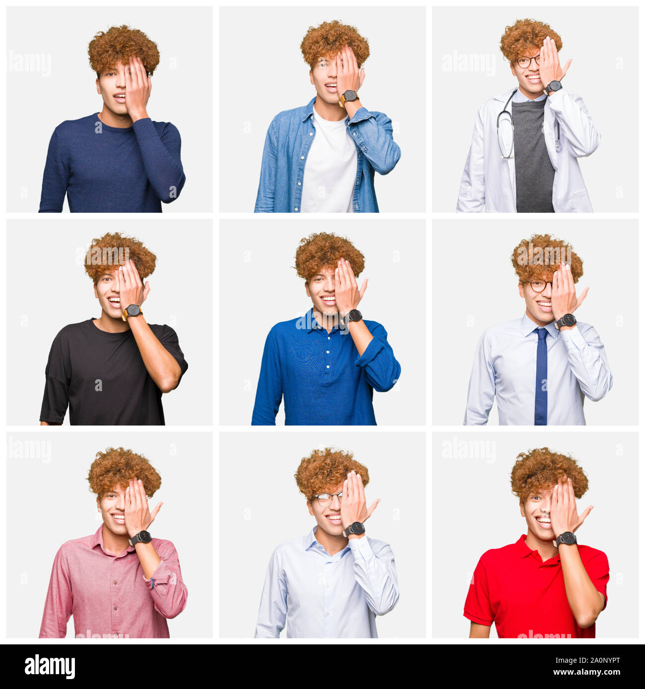 Collage of young man wearing different looks over isolated white ...