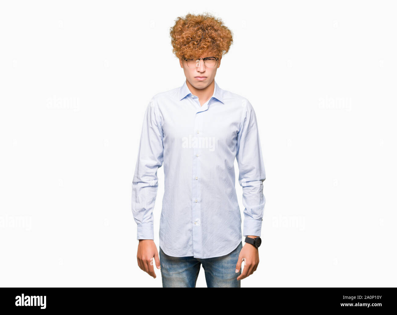 Young handsome business man with afro wearing glasses skeptic and ...