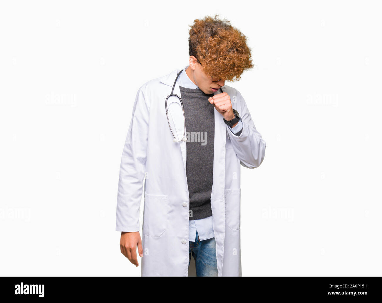 Young handsome doctor man wearing medical coat feeling unwell and ...