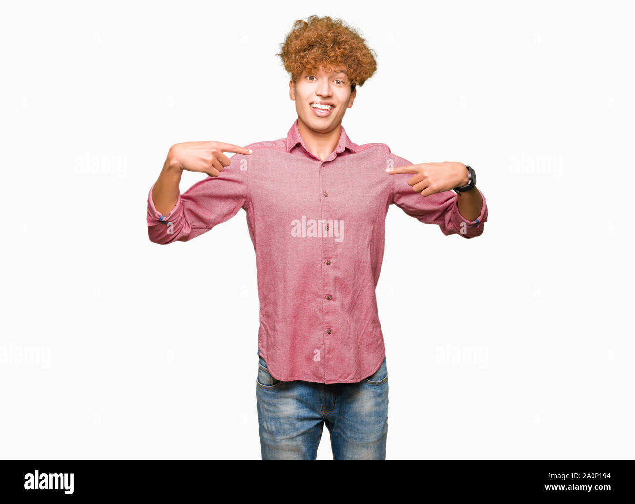 Young handsome business man with afro hair looking confident with smile ...