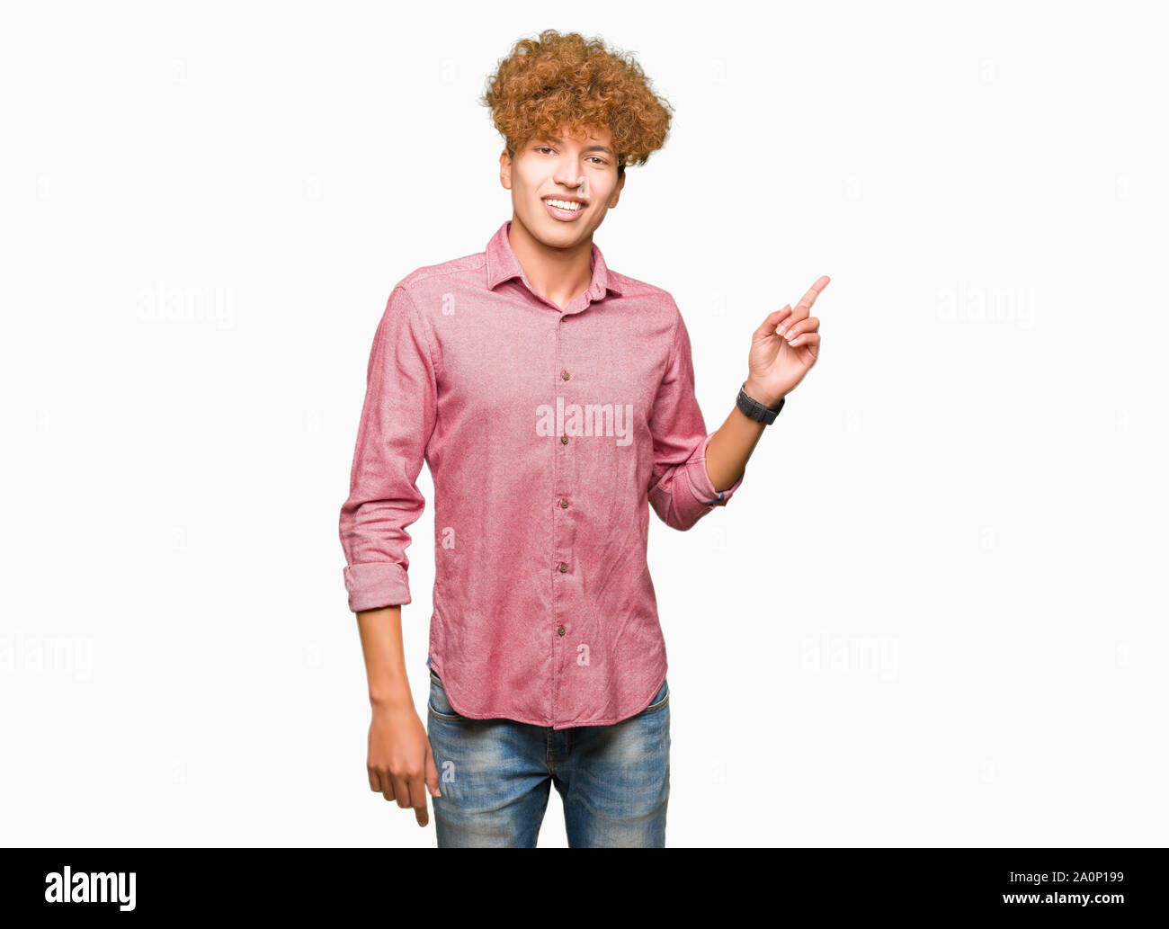 Young handsome business man with afro hair with a big smile on face ...